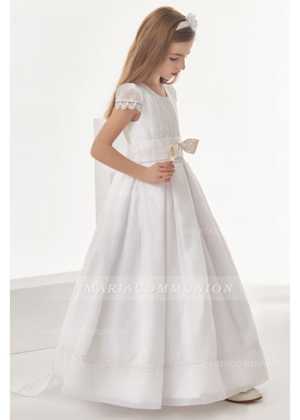 Organza Ball Gown Cap Sleeves Floor Length Communion Dress With Bow(S ...